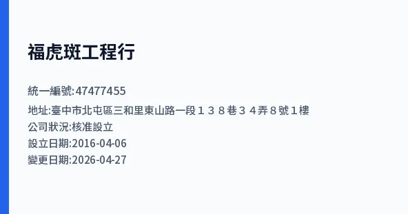 福虎斑工程行的照片-統編 47477455(臺中市) 公司登記資料與營業項目詳細圖表