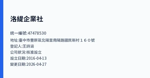 洛緹企業社的照片-統編 47478530(臺中市) 公司登記資料與營業項目詳細圖表