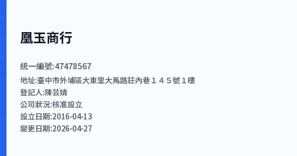 凰玉商行的照片-統編 47478567(臺中市) 公司登記資料與營業項目詳細圖表