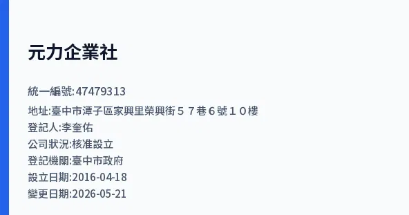 元力企業社的照片-統編 47479313(臺中市) 公司登記資料與營業項目詳細圖表