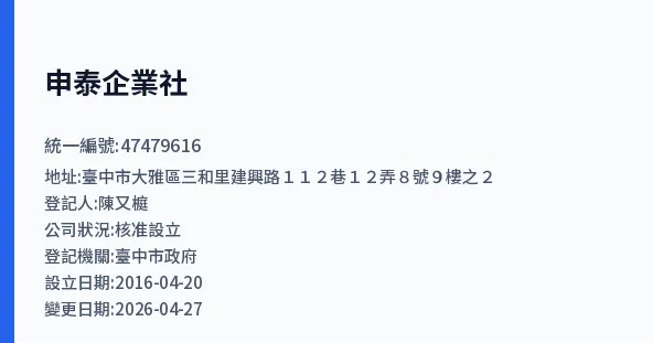 申泰企業社的照片-統編 47479616(臺中市) 公司登記資料與營業項目詳細圖表
