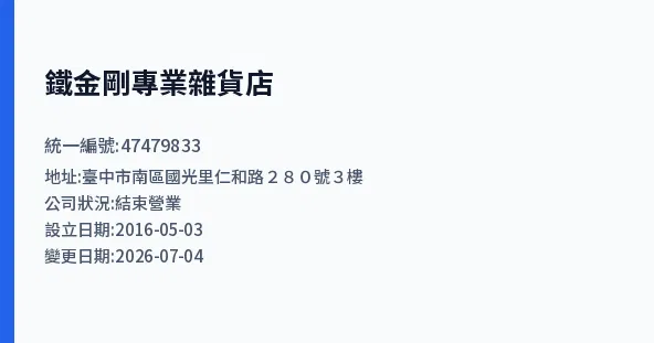 鐵金剛專業雜貨店的照片-統編 47479833(臺中市) 公司登記資料與營業項目詳細圖表