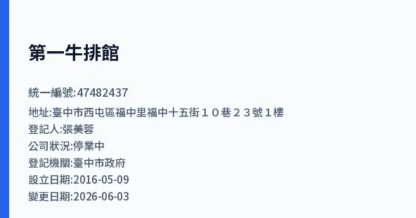 第一牛排館的照片-統編 47482437(臺中市) 公司登記資料與營業項目詳細圖表