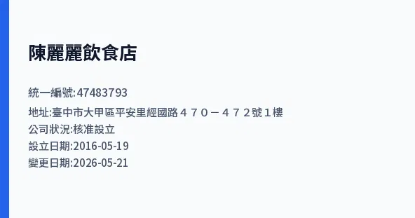 陳麗麗飲食店的照片-統編 47483793(臺中市) 公司登記資料與營業項目詳細圖表