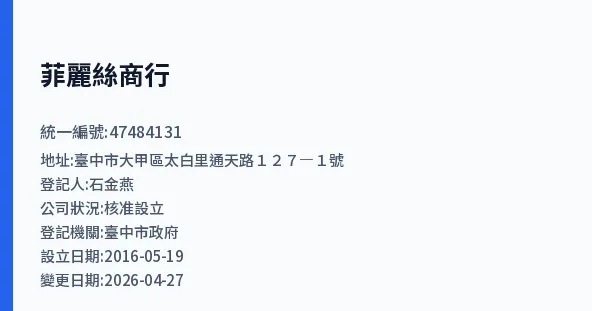 菲麗絲商行的照片-統編 47484131(臺中市) 公司登記資料與營業項目詳細圖表