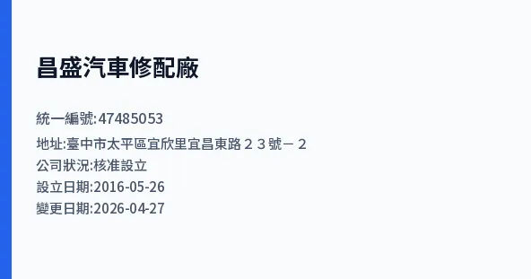 昌盛汽車修配廠的照片-統編 47485053(臺中市) 公司登記資料與營業項目詳細圖表