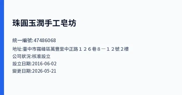 珠圓玉潤手工皂坊的照片-統編 47486068(臺中市) 公司登記資料與營業項目詳細圖表