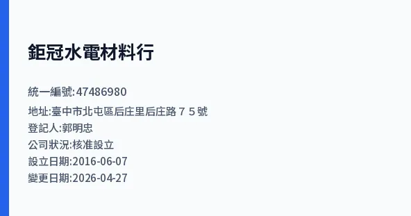 鉅冠水電材料行的照片-統編 47486980(臺中市) 公司登記資料與營業項目詳細圖表