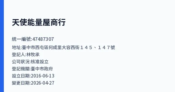 天使能量屋商行的照片-統編 47487307(臺中市) 公司登記資料與營業項目詳細圖表