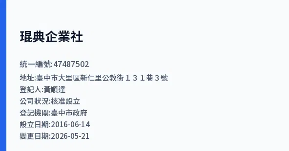 琨典企業社的照片-統編 47487502(臺中市) 公司登記資料與營業項目詳細圖表