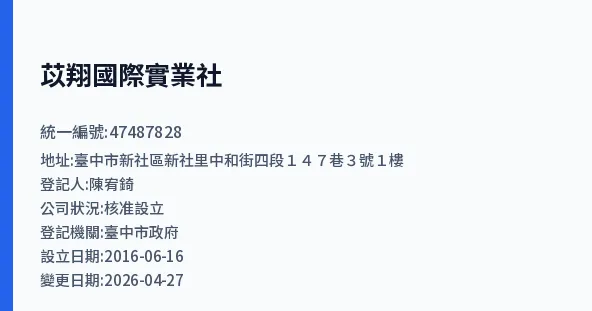 苡翔國際實業社的照片-統編 47487828(臺中市) 公司登記資料與營業項目詳細圖表