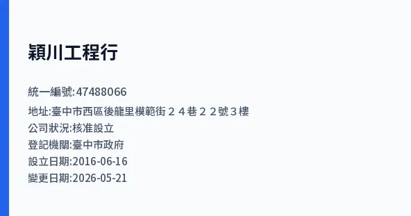 穎川工程行的照片-統編 47488066(臺中市) 公司登記資料與營業項目詳細圖表