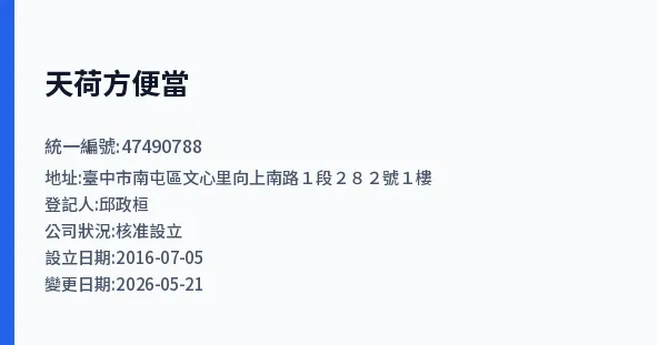 天荷方便當的照片-統編 47490788(臺中市) 公司登記資料與營業項目詳細圖表