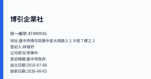 博引企業社的照片-統編 47490936(臺中市) 公司登記資料與營業項目詳細圖表