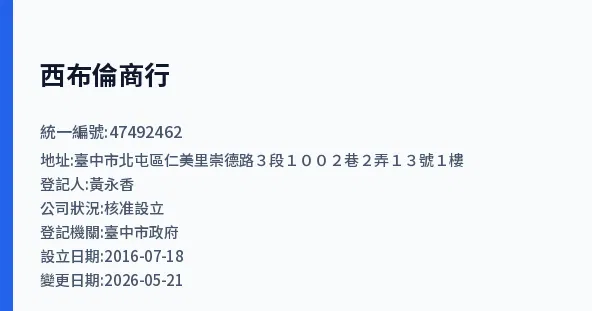 西布倫商行的照片-統編 47492462(臺中市) 公司登記資料與營業項目詳細圖表
