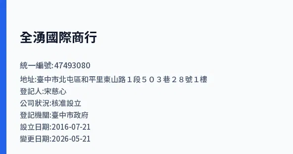 全湧國際商行的照片-統編 47493080(臺中市) 公司登記資料與營業項目詳細圖表