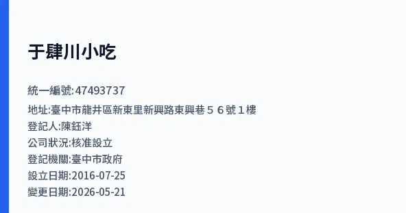 于肆川小吃的照片-統編 47493737(臺中市) 公司登記資料與營業項目詳細圖表