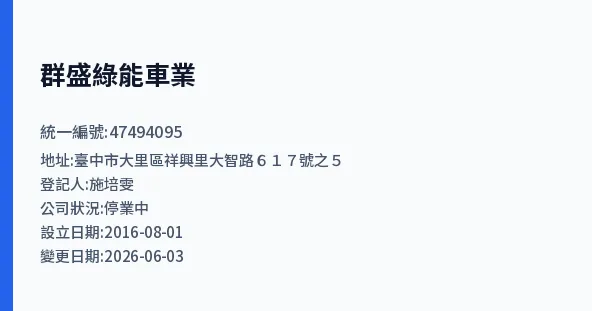 群盛綠能車業的照片-統編 47494095(臺中市) 公司登記資料與營業項目詳細圖表