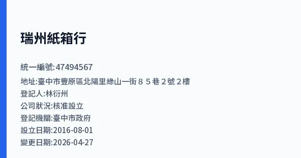 瑞州紙箱行的照片-統編 47494567(臺中市) 公司登記資料與營業項目詳細圖表