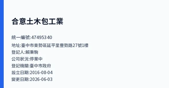 合意土木包工業的照片-統編 47495340(臺中市) 公司登記資料與營業項目詳細圖表
