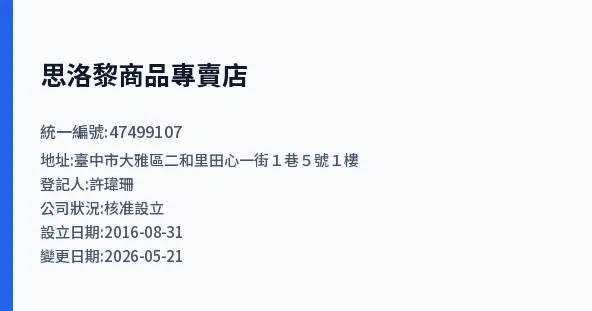 思洛黎商品專賣店的照片-統編 47499107(臺中市) 公司登記資料與營業項目詳細圖表