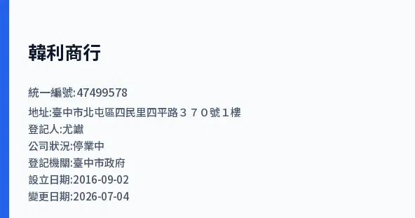 韓利商行的照片-統編 47499578(臺中市) 公司登記資料與營業項目詳細圖表
