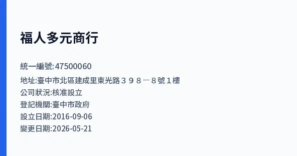 福人多元商行的照片-統編 47500060(臺中市) 公司登記資料與營業項目詳細圖表