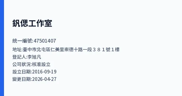 釩偲工作室的照片-統編 47501407(臺中市) 公司登記資料與營業項目詳細圖表