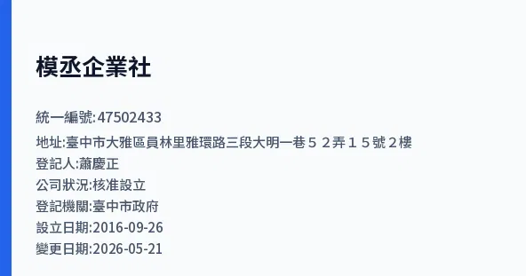 模丞企業社的照片-統編 47502433(臺中市) 公司登記資料與營業項目詳細圖表