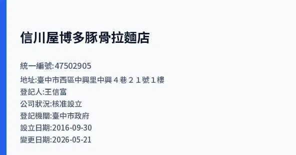 信川屋博多豚骨拉麵店的照片-統編 47502905(臺中市) 公司登記資料與營業項目詳細圖表