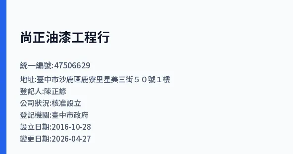 尚正油漆工程行的照片-統編 47506629(臺中市) 公司登記資料與營業項目詳細圖表