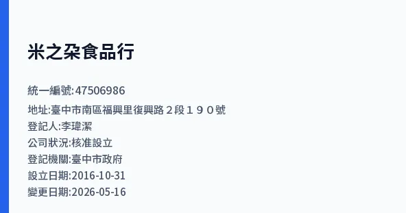 米之朶食品行的照片-統編 47506986(臺中市) 公司登記資料與營業項目詳細圖表