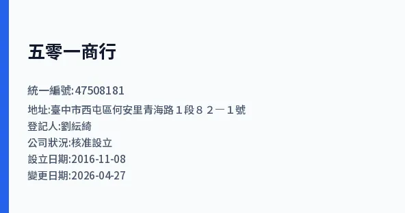 五零一商行的照片-統編 47508181(臺中市) 公司登記資料與營業項目詳細圖表