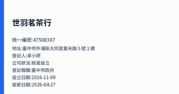 世羽茗茶行的照片-統編 47508387(臺中市) 公司登記資料與營業項目詳細圖表