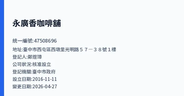 永廣香咖啡舖的照片-統編 47508696(臺中市) 公司登記資料與營業項目詳細圖表