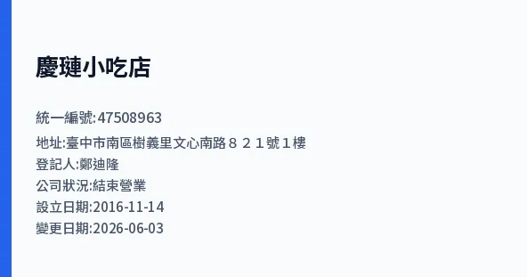 慶璉小吃店的照片-統編 47508963(臺中市) 公司登記資料與營業項目詳細圖表