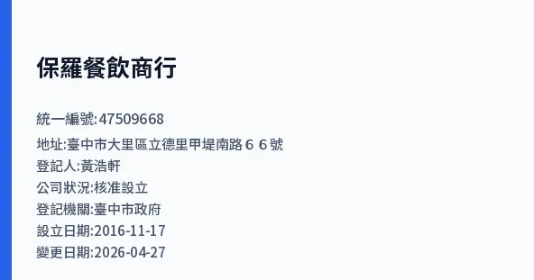 保羅餐飲商行的照片-統編 47509668(臺中市) 公司登記資料與營業項目詳細圖表