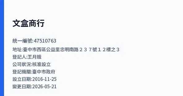 文盒商行的照片-統編 47510763(臺中市) 公司登記資料與營業項目詳細圖表