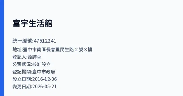 富宇生活館的照片-統編 47512241(臺中市) 公司登記資料與營業項目詳細圖表