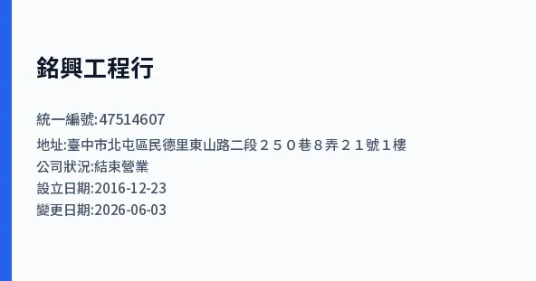 銘興工程行的照片-統編 47514607(臺中市) 公司登記資料與營業項目詳細圖表