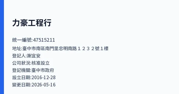 力豪工程行的照片-統編 47515211(臺中市) 公司登記資料與營業項目詳細圖表