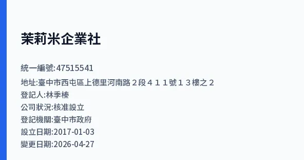 茉莉米企業社的照片-統編 47515541(臺中市) 公司登記資料與營業項目詳細圖表