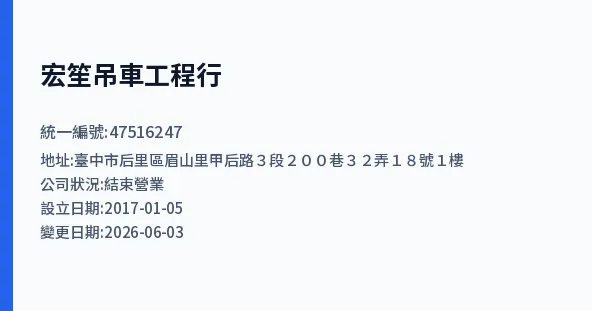 宏笙吊車工程行的照片-統編 47516247(臺中市) 公司登記資料與營業項目詳細圖表