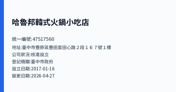 哈魯邦韓式火鍋小吃店的照片-統編 47517560(臺中市) 公司登記資料與營業項目詳細圖表