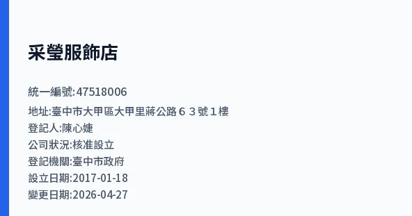 采瑩服飾店的照片-統編 47518006(臺中市) 公司登記資料與營業項目詳細圖表