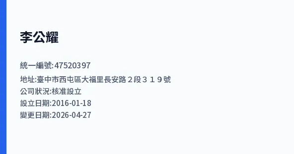 李公耀的照片-統編 47520397(臺中市) 公司登記資料與營業項目詳細圖表