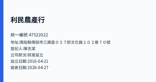 利民農產行的照片-統編 47522022(南投縣) 公司登記資料與營業項目詳細圖表