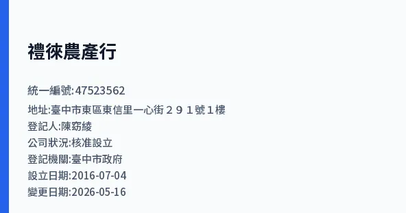 禮徠農產行的照片-統編 47523562(臺中市) 公司登記資料與營業項目詳細圖表