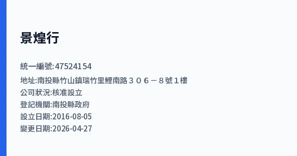 景煌行的照片-統編 47524154(南投縣) 公司登記資料與營業項目詳細圖表