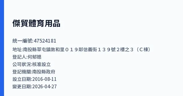 傑貿體育用品的照片-統編 47524181(南投縣) 公司登記資料與營業項目詳細圖表